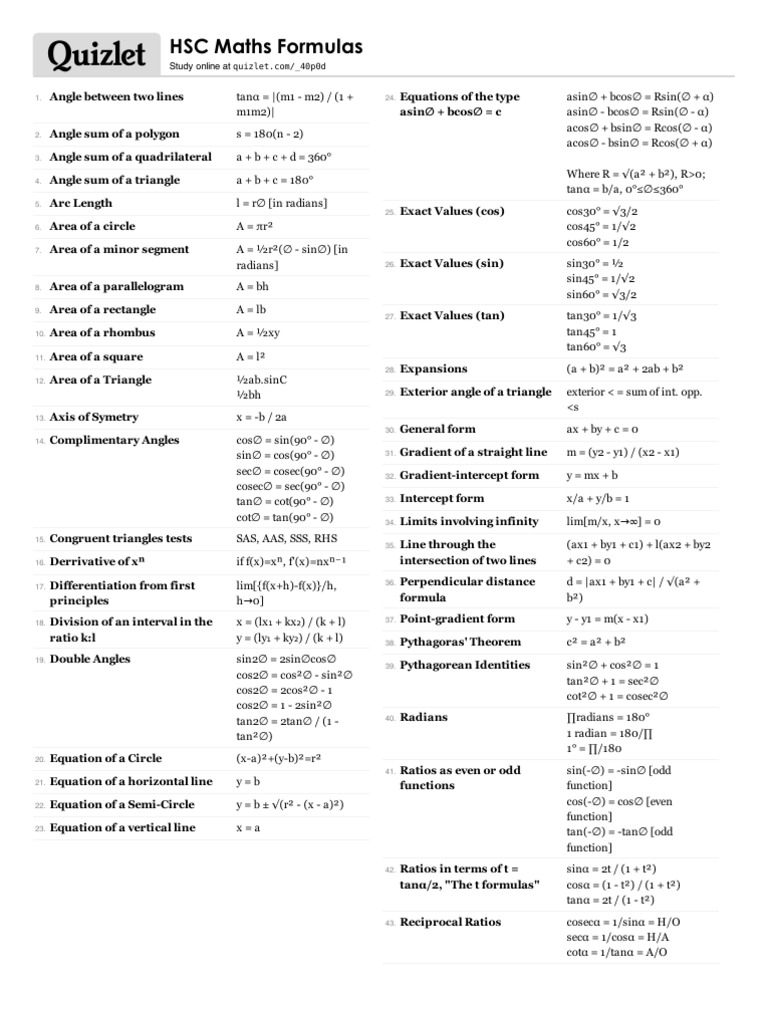 HSC Maths Formulas