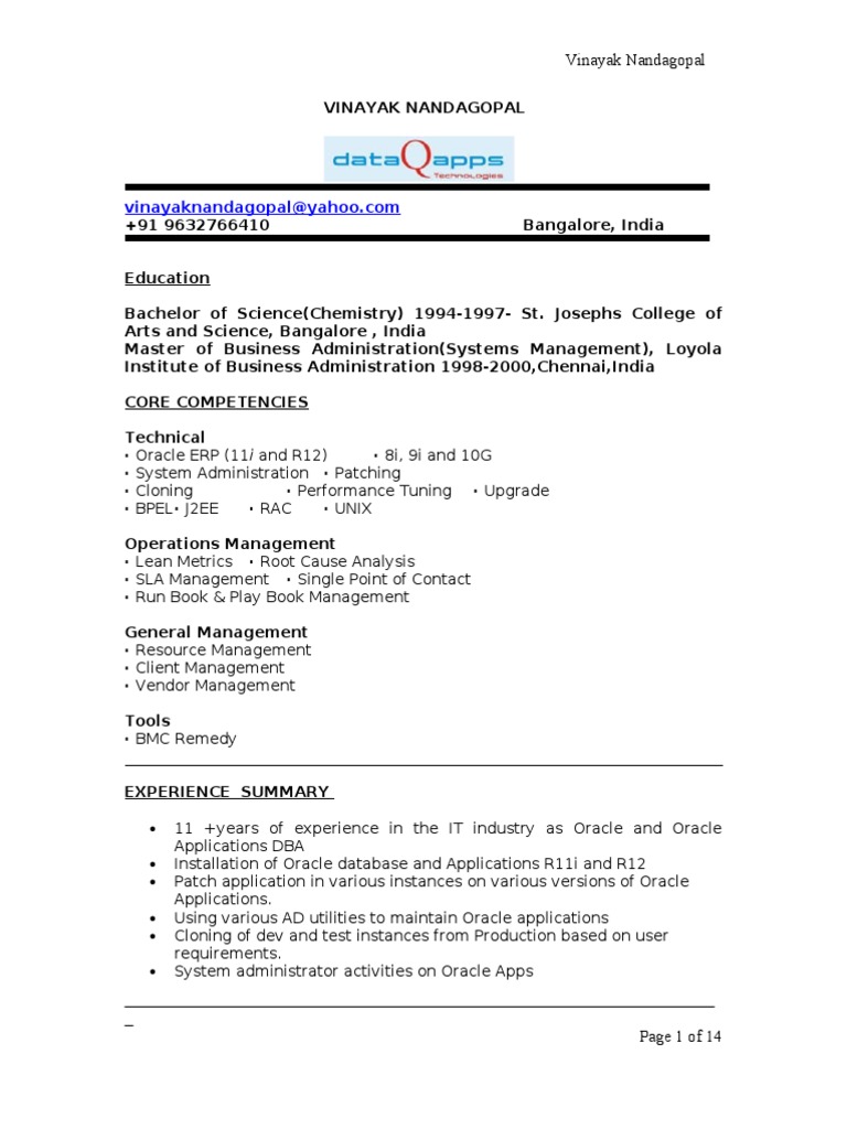 Vinayak Updated Pdf Oracle Database Oracle Corporation