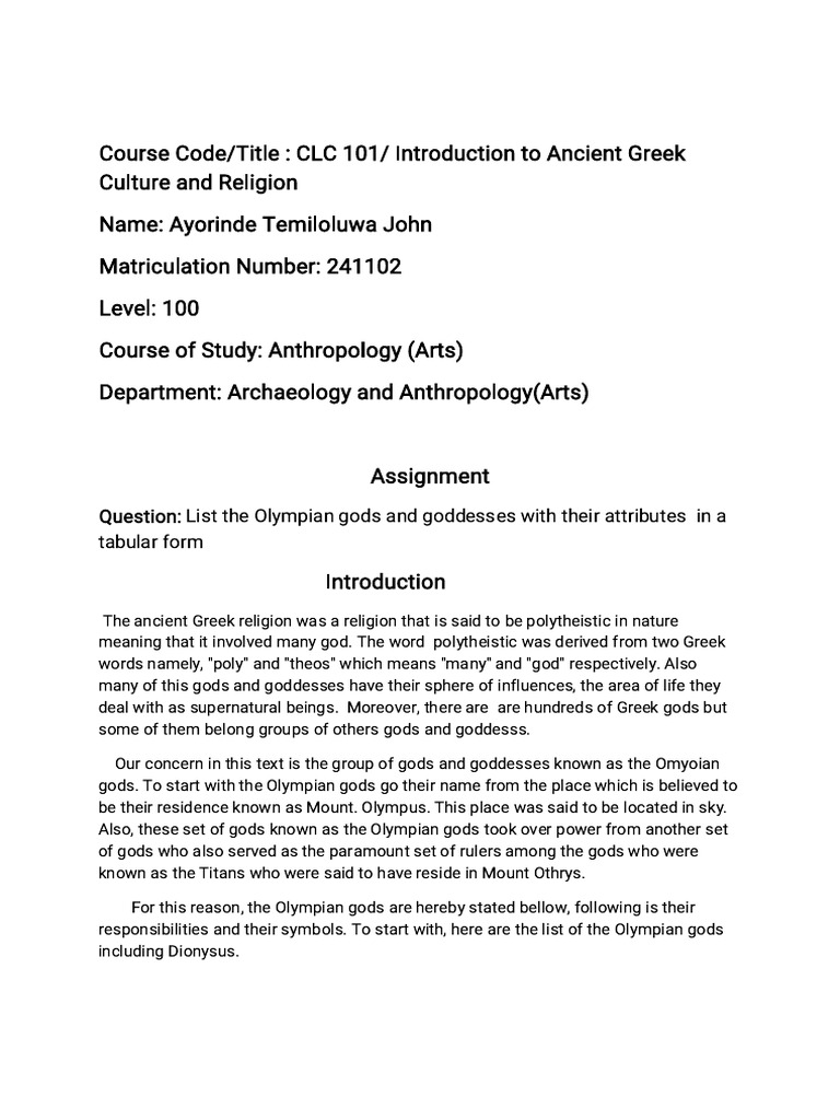 CLC 101 Assignment - The Twelve Olympians | PDF | Twelve Olympians ...