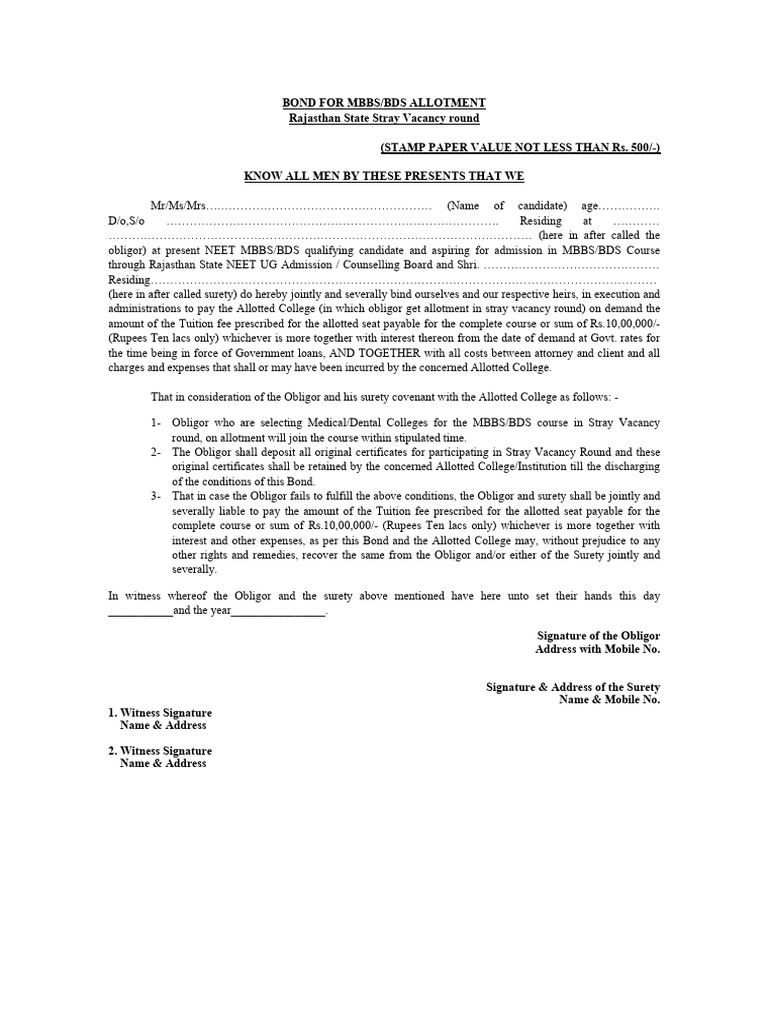Rajasthan MBBS/BDS Admission Bond | PDF | Surety