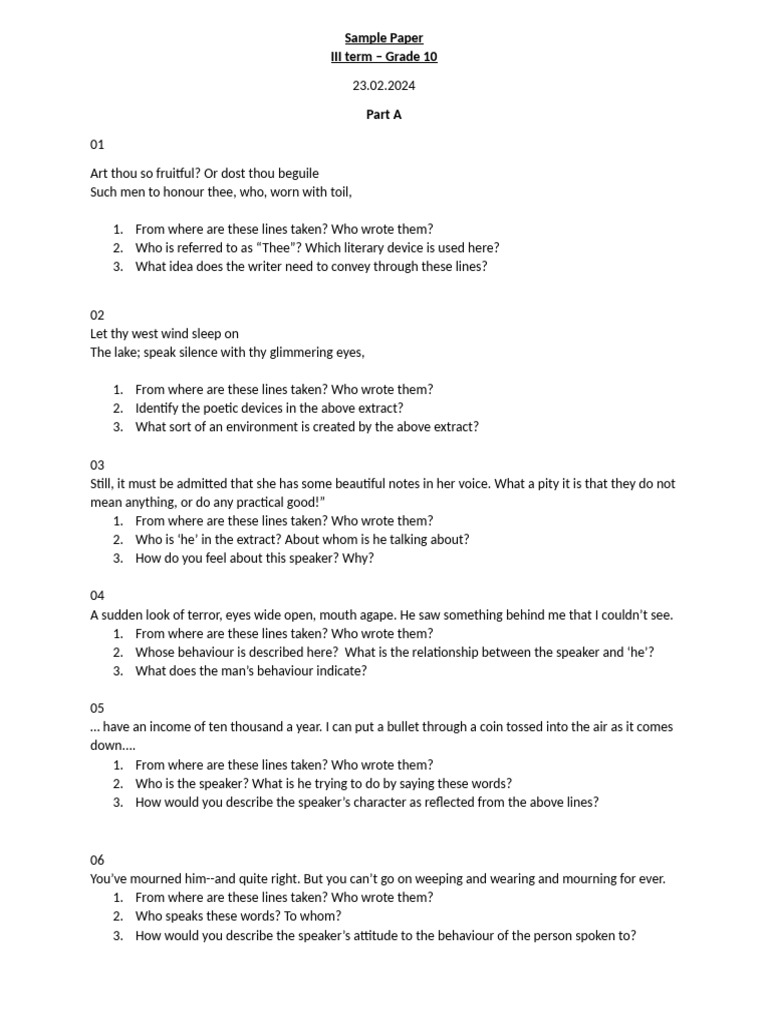 Grade 10 Literature Exam Sample Questions | PDF | Language Arts ...