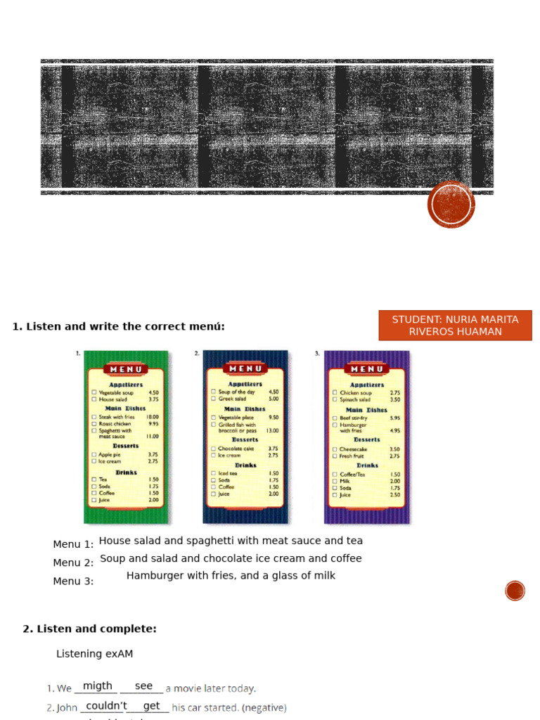 Listening Exam: Menu and Fridge Descriptions | PDF