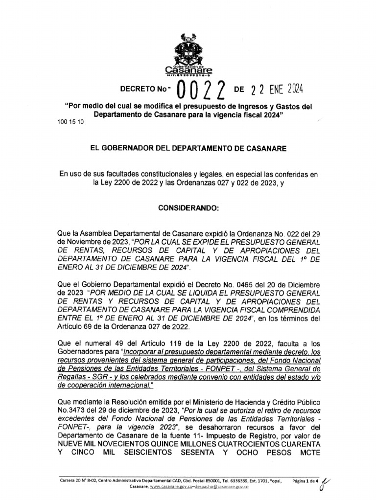 Dec 022 de 2024 - Ppto Casanare Vig 2024 | PDF