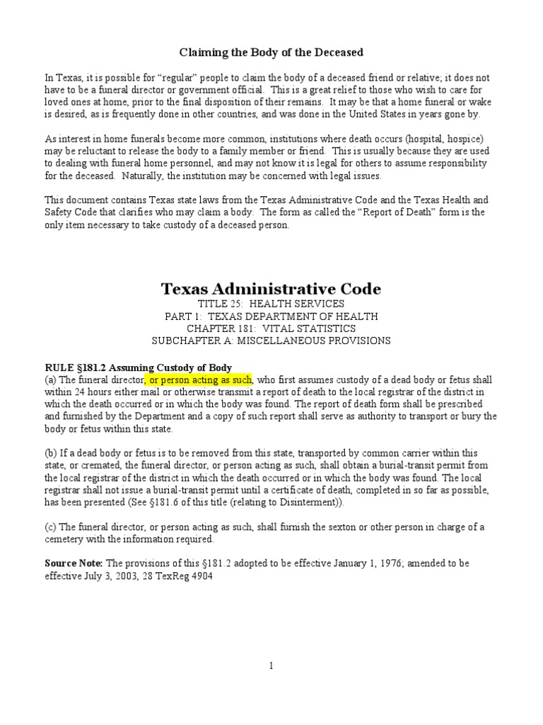 Texas Laws About Claiming A Dead Body and Having A Family Funeral | PDF ...