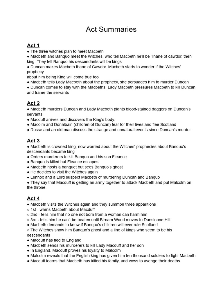 Macbeth Summary | PDF | Macbeth | Shakespearean Characters