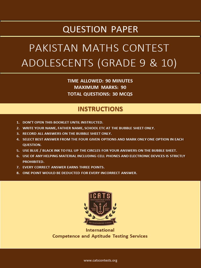 Pakistan Maths Contest Grade 9-10 Exam | PDF | Mathematics ...
