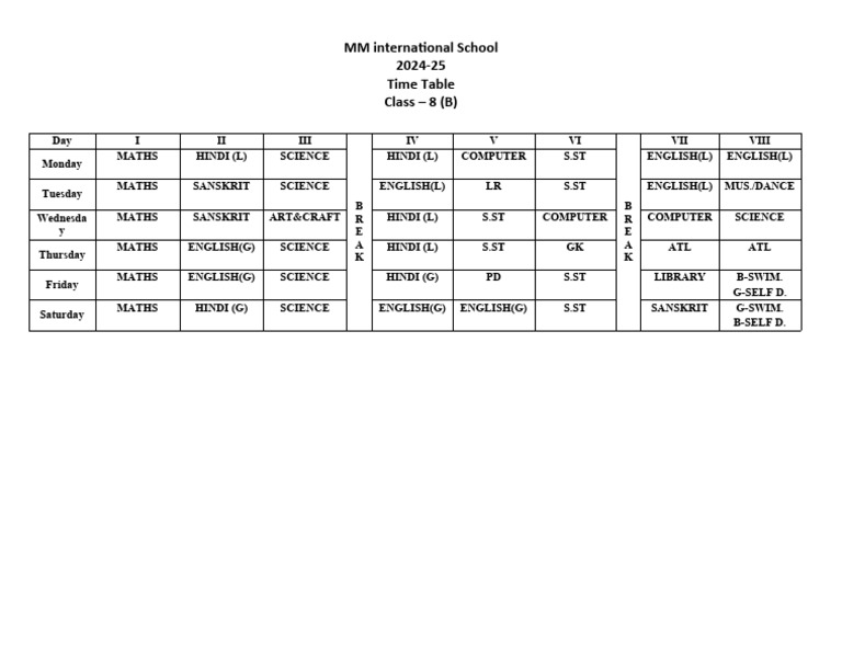 MM International School 2024-25 Time Table Class - 8 (B) | PDF