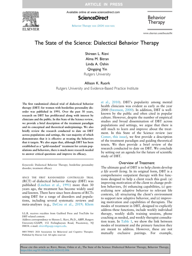 The State of The Science | PDF | Dialectical Behavior Therapy ...