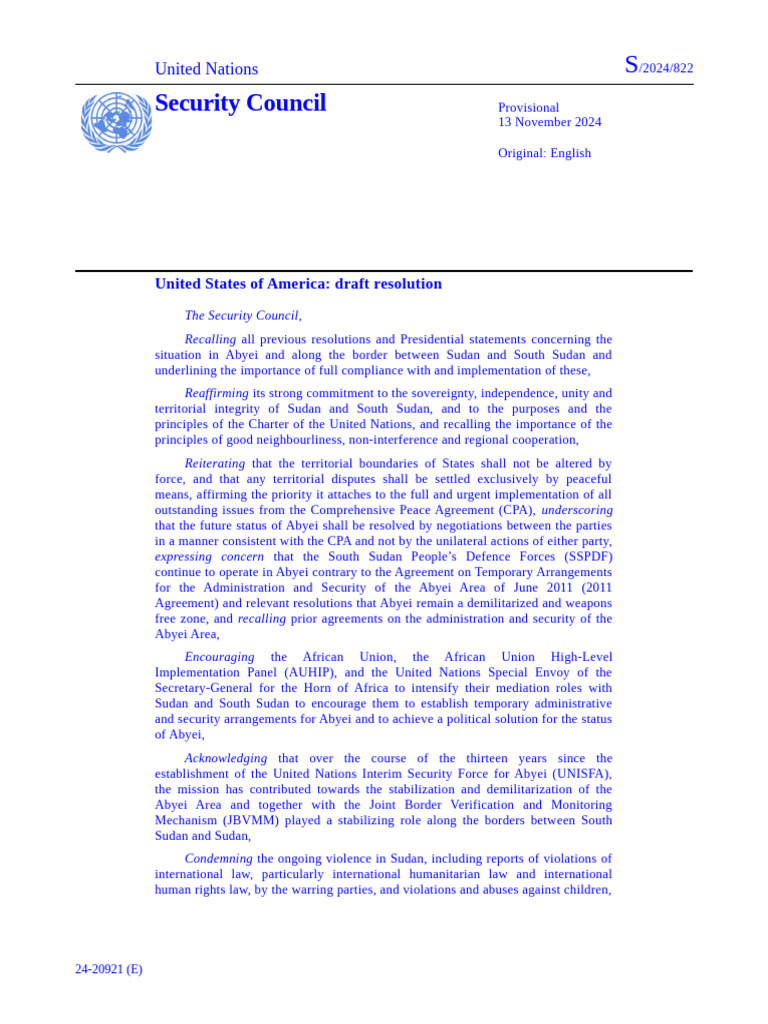 UNISFA Draft Res. | PDF | Peacekeeping | United Nations