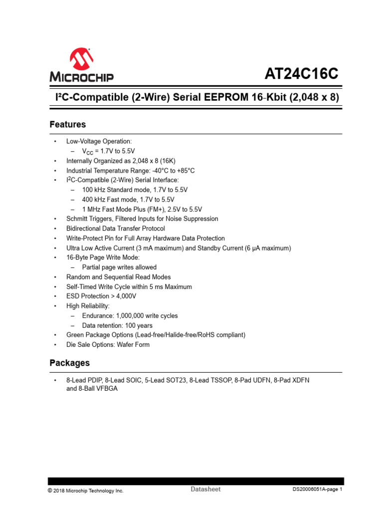 AT24C16C Data Sheet 20006051A | PDF | Bit | Digital Electronics