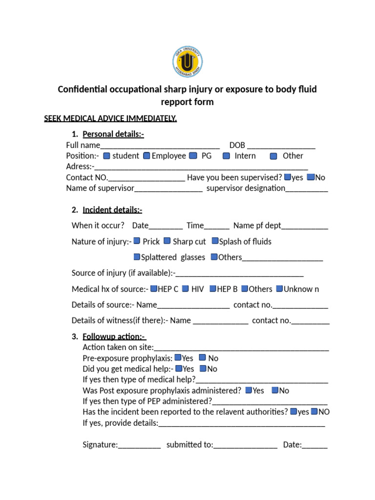 Confidential Occupational Sharp Injury or Exposure To Body Fluid ...