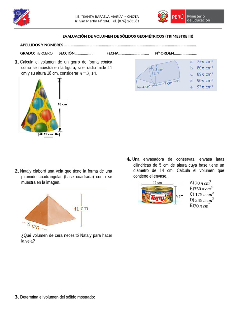 EXAMEN VOLUMENES TERCERO II | PDF | Geometría euclidiana | Formas geométricas