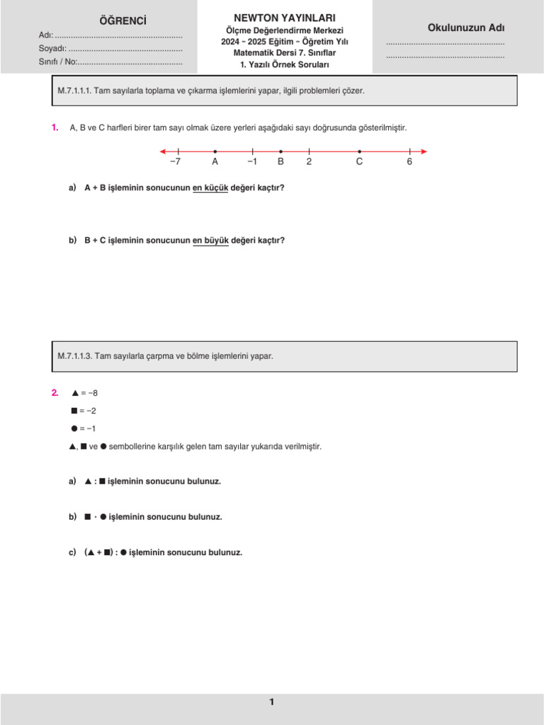 7 Sinif 1 Yazili | PDF