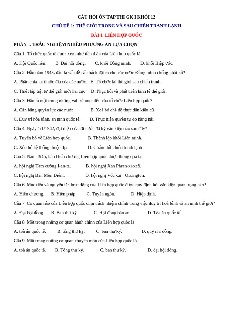 CÂU HỎI ÔN TẬP THI GK I KHỐI 12 | PDF