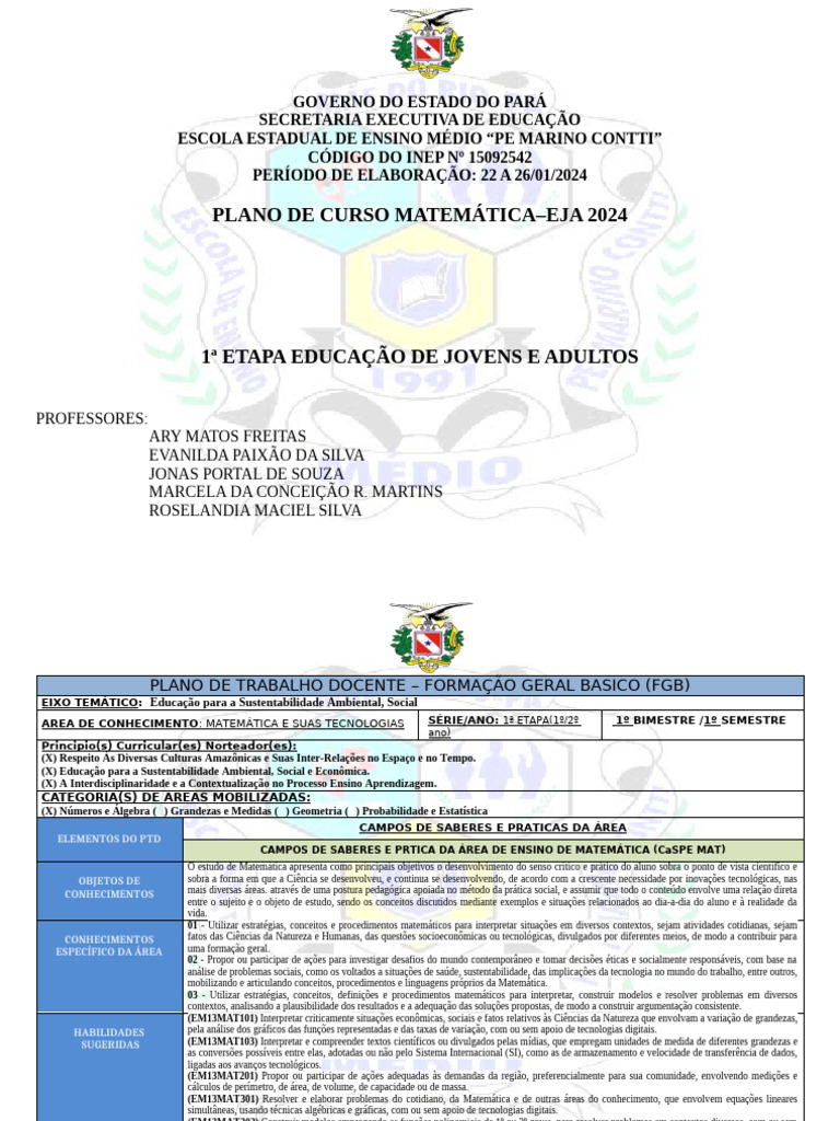 Plano de Curso EJA Matemática 2024 | PDF | Science | Matemática