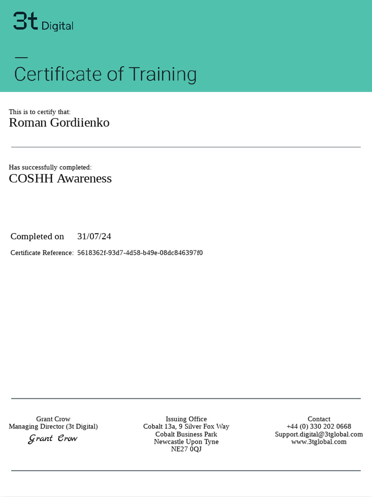 COSHH Awareness Certificate | PDF