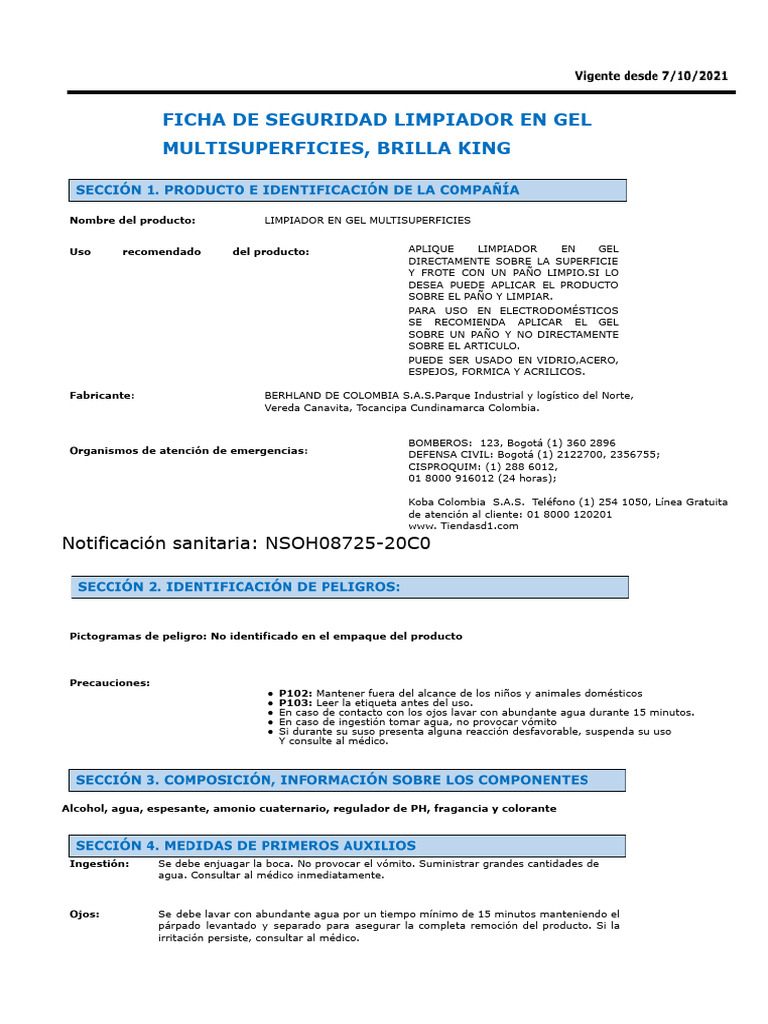 FDS - Limpiador en GEL MULTISUPERFICIES BRILLA KING, BERHLAN DE ...