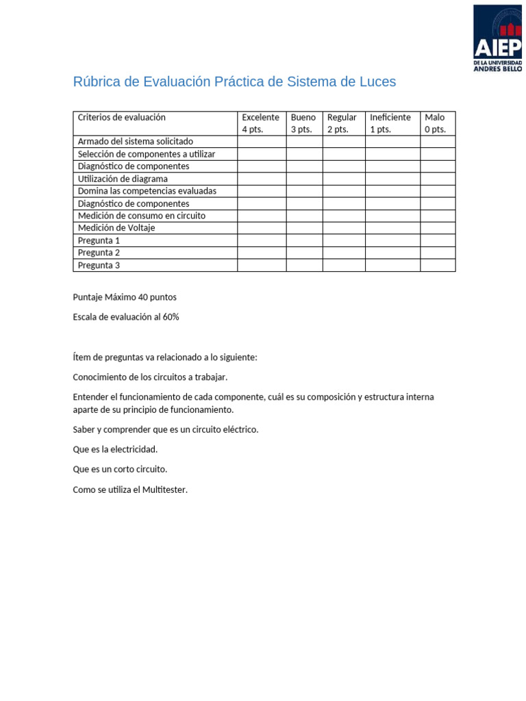 Rúbrica de Evaluación Práctica de Sistema de Luces | PDF