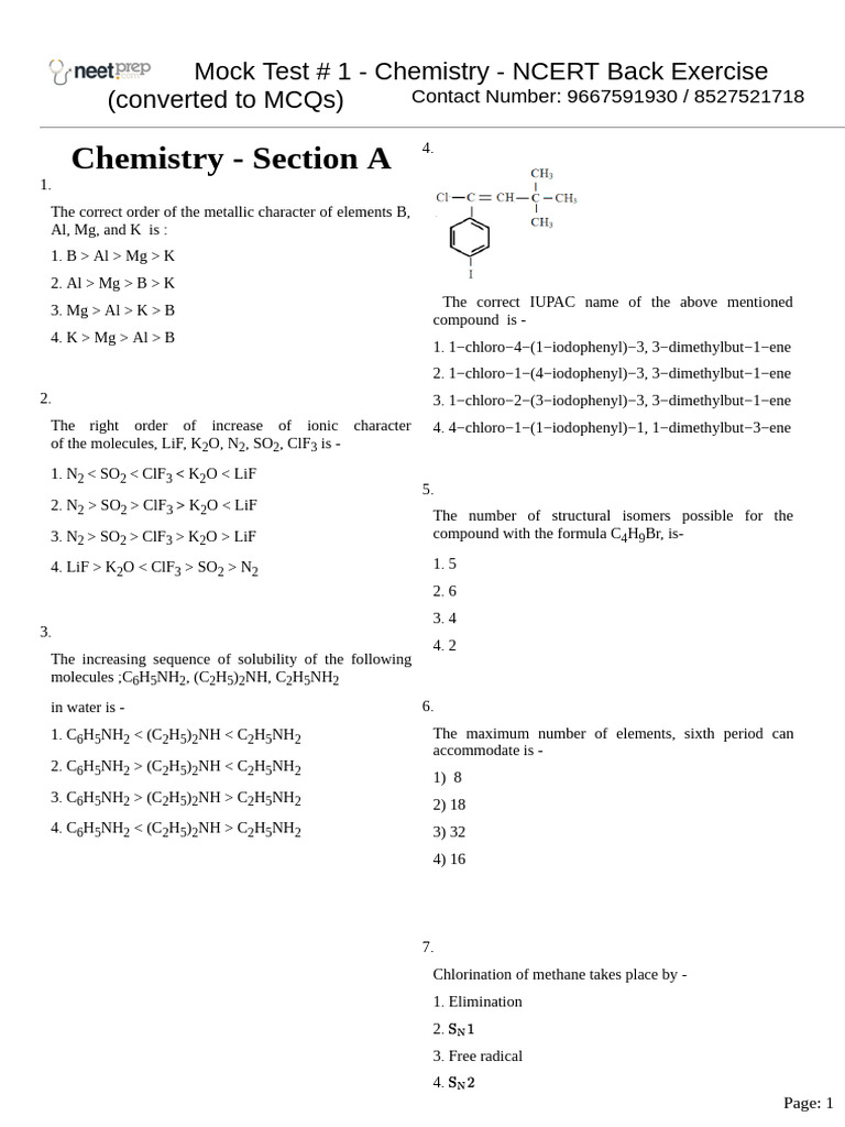 Mock Test # 1 Chemistry 10 Chapters NCERT Back Exercise | PDF | Atoms | Ion
