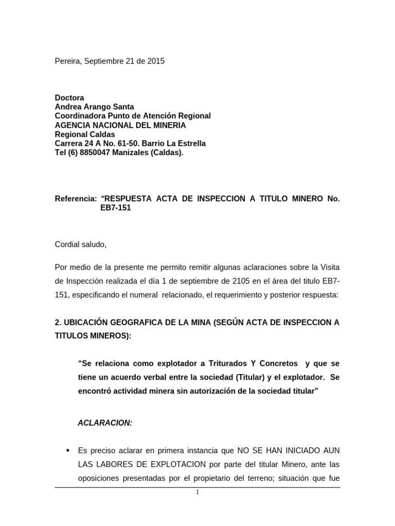 Carta Requerimientos ACTA DE INSPECCION D EVISITA | PDF | Minería Carta Requerimientos ACTA DE INSPECCION D EVISITA | PDF | Minería