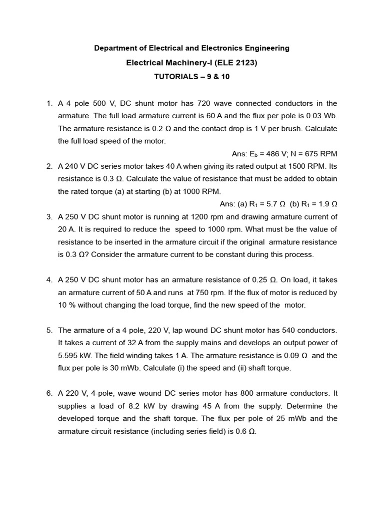 Em-1 - Tutorials-9 & 10 - DC Motor | PDF | Electric Motor | Direct Current