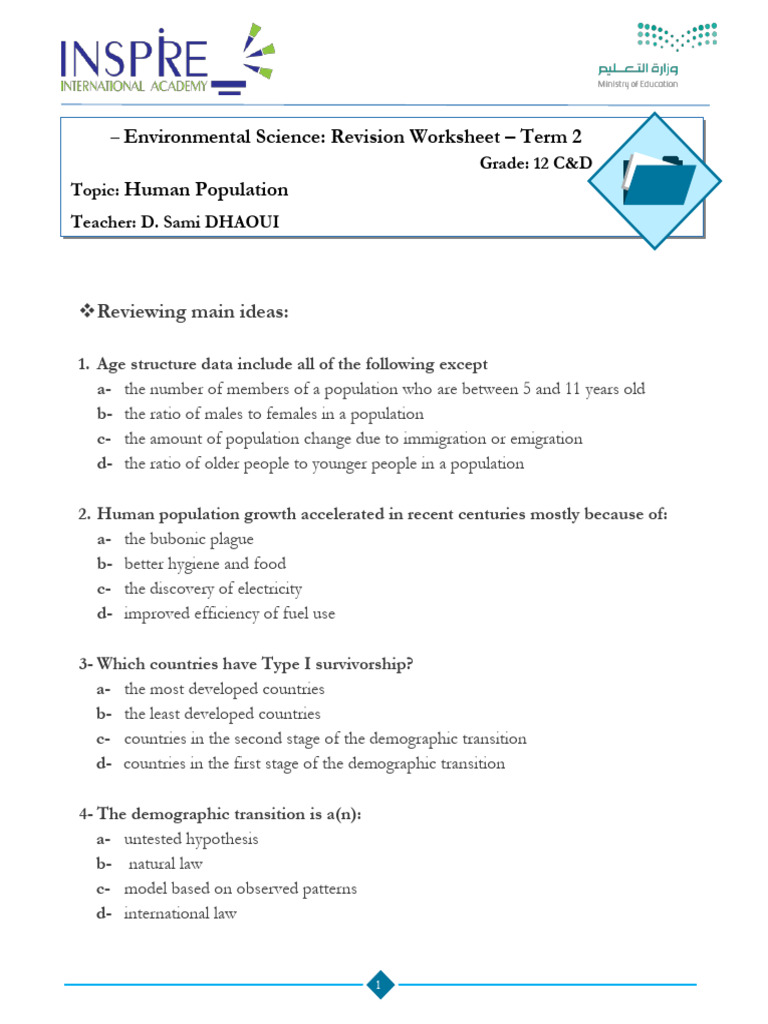 Human Population: Grade 12 Revision Worksheet | PDF | Demography ...