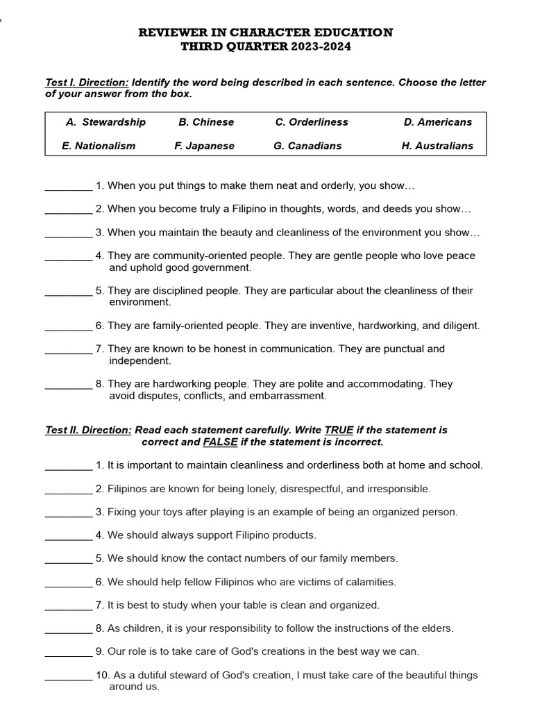 Char Ed Reviewer 3RD QTR 2023 | PDF | Wellness