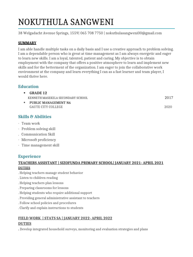 Nokuthula Sangweni CV2 | PDF