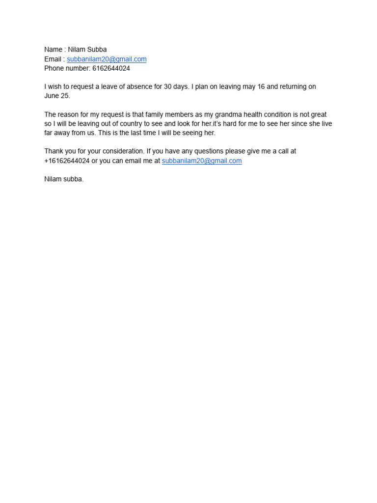 Leave of Absence Request Letter | PDF