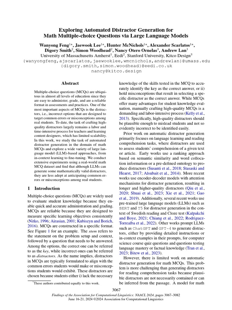 Exploring Automated Distractor Generation For Pdf Multiple Choice Mathematics