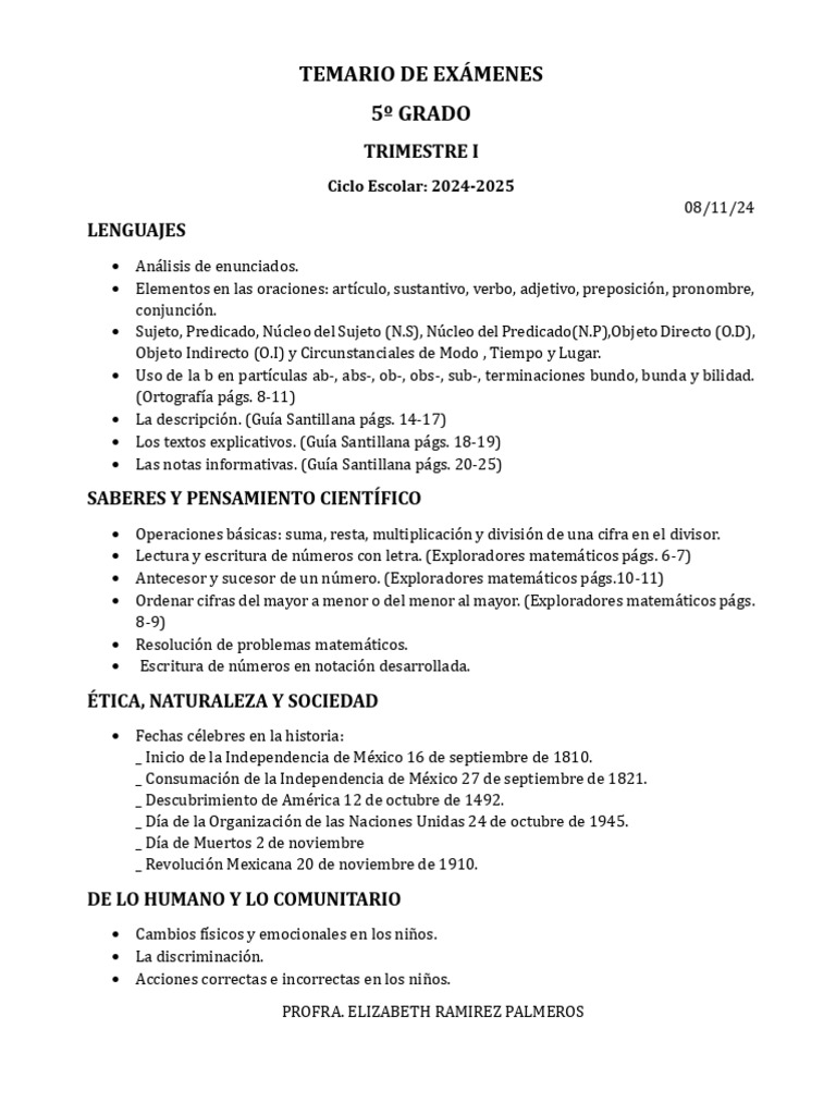 Temario Exámenes 5º Grado 2024-2025 | PDF
