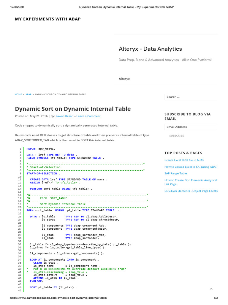 Dynamic Sort On Dynamic Internal Table - My Experiments With ABAP | PDF | Software Engineering ...