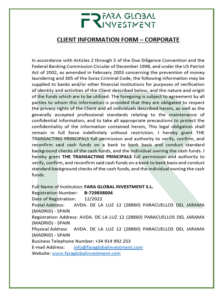 FARA Global Investment Client Form | PDF | Background Check | Justice