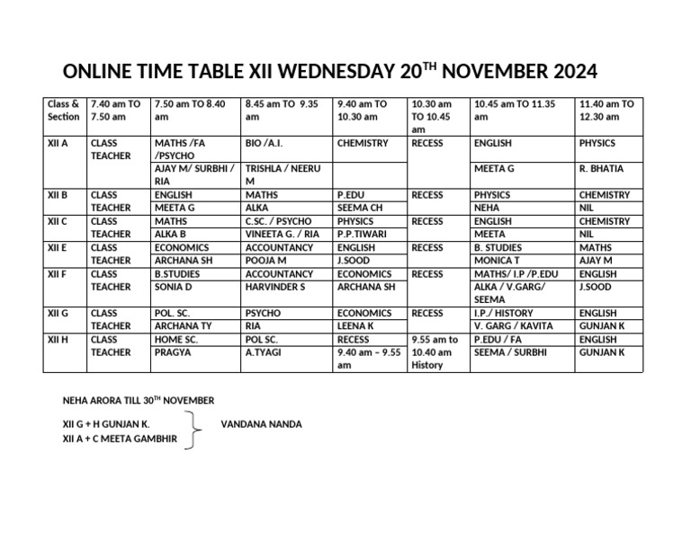 Online Time Table Xii Wednesday 20TH November 2024 | PDF