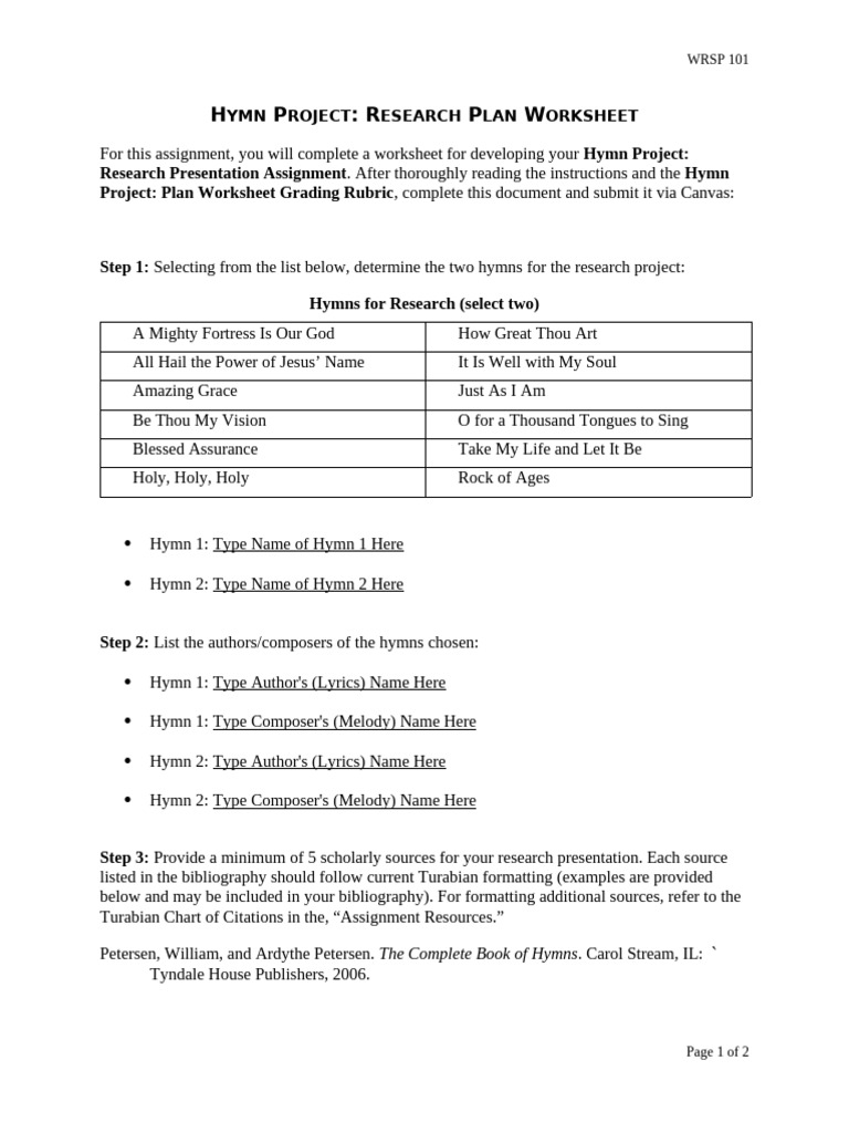 Hymn Project Research Plan Worksheet | PDF
