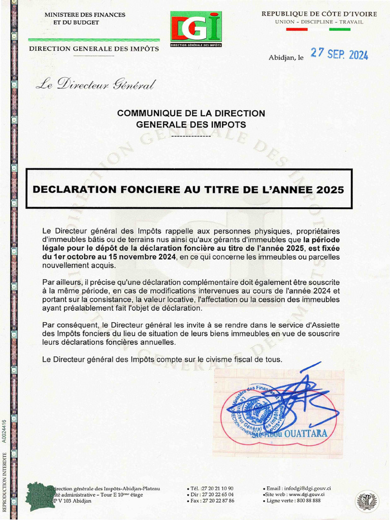 Communiqué DGI - Déclaration Foncière 2025 - Personnes Physiques | PDF