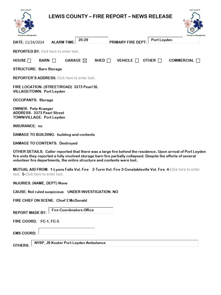 Port Leyden Barn Fire Report | PDF