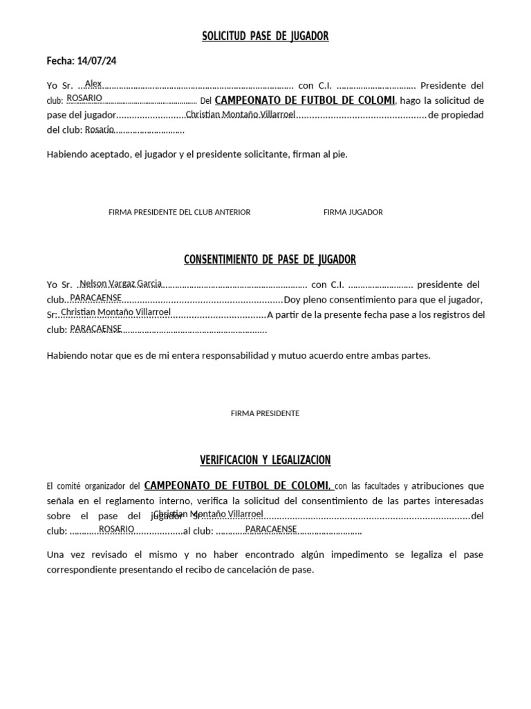 Solicitud de Pase de Jugador | PDF