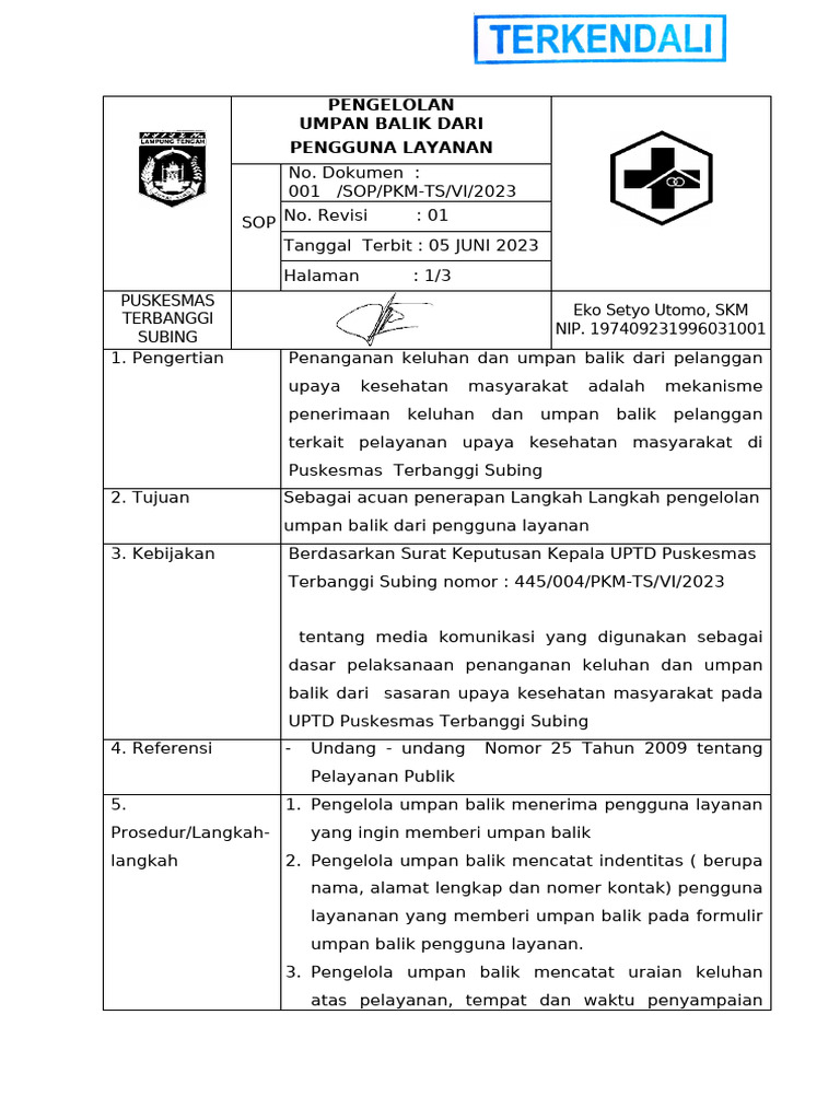 Sop Pengelolaan Umpan Balik Dari Pengguna Layanan | PDF | Bisnis | Teknologi & Rekayasa
