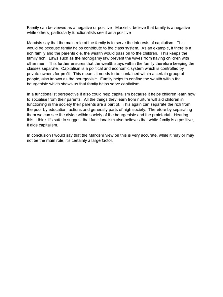 Family's Role in Capitalism: Marxism vs. Functionalism | PDF