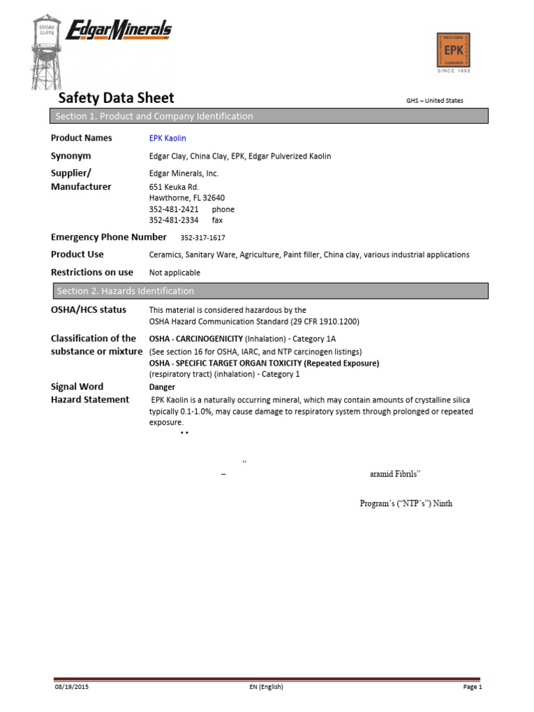 EPK Kaolin Safety Data Sheet | PDF | Silicon Dioxide | Carcinogen