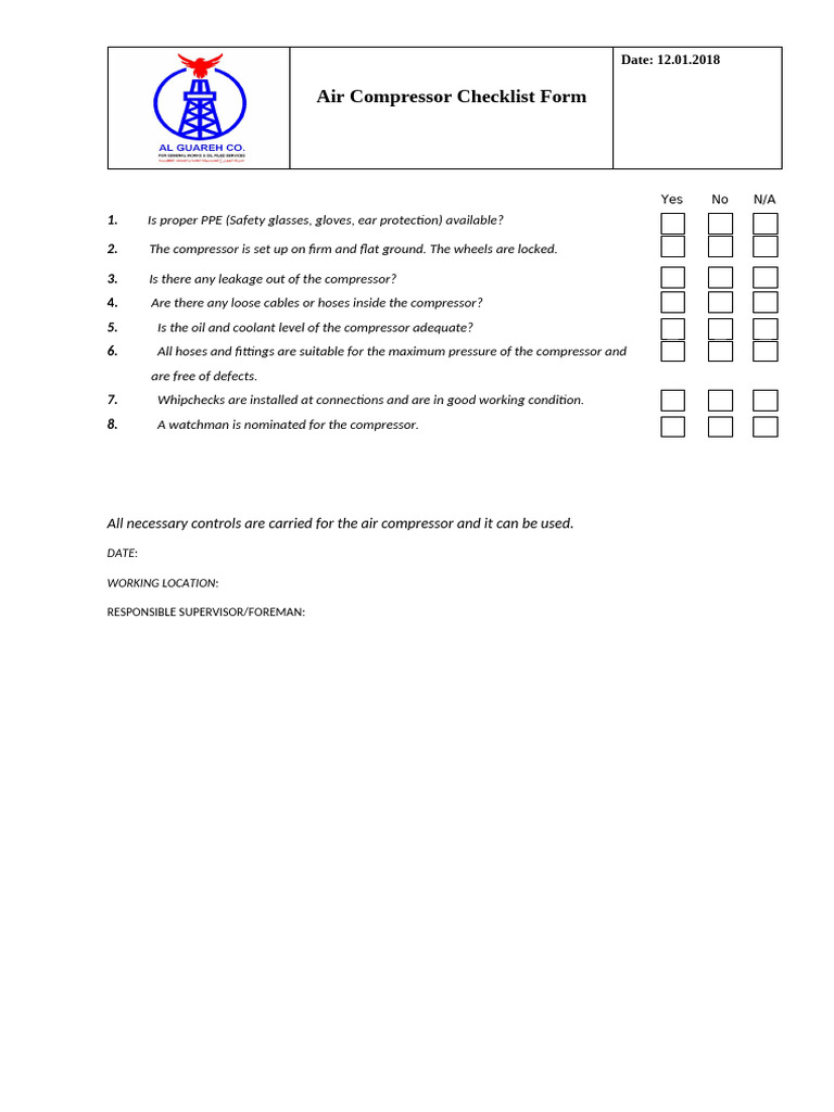 GUAREHFR003 - Air Compressor Checklist | PDF | Technology & Engineering