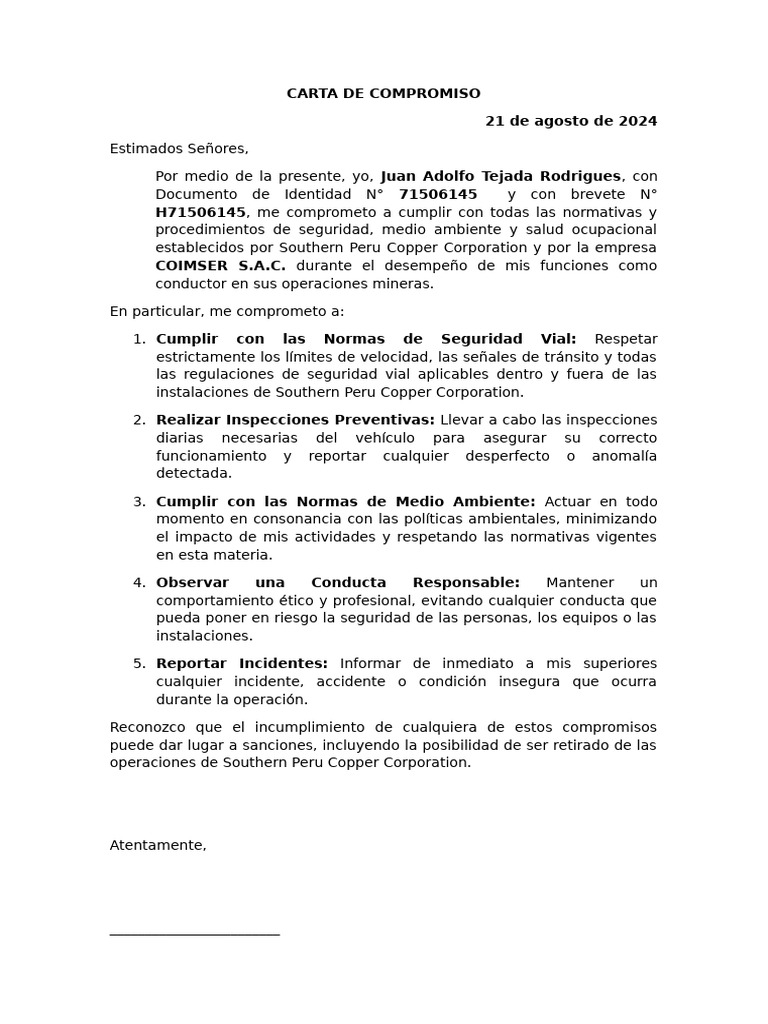 Carta de Compromiso Plantilla | PDF