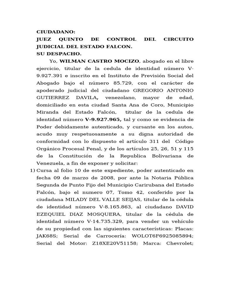 Escrito Ante El Tribunal de Control Solicitando Entrega Vehículo | PDF ...