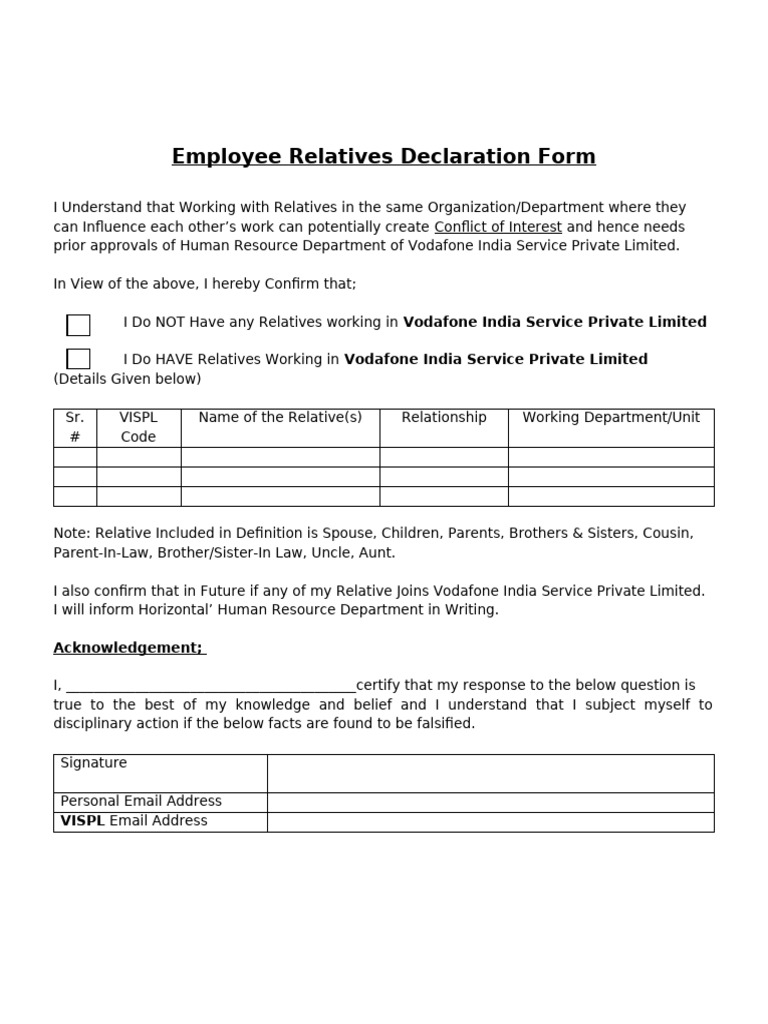 Employee Relatives Declaration Form | PDF