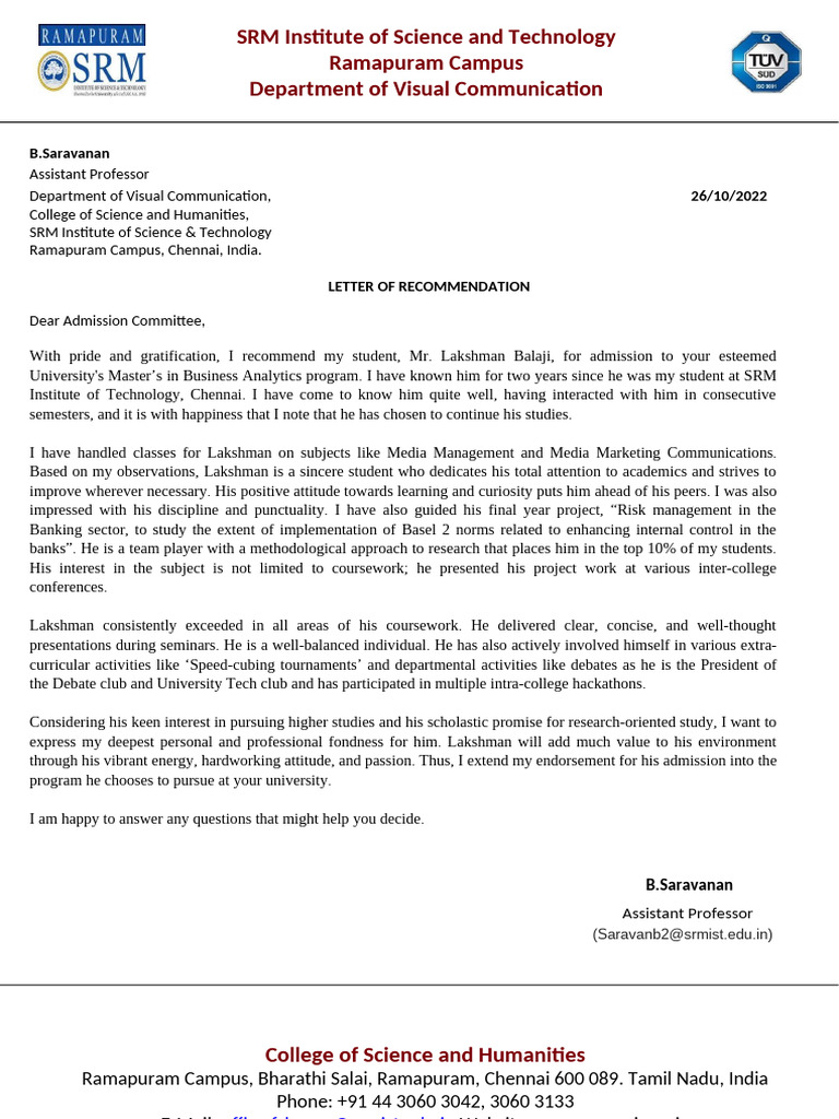 LOR - Saravanan | PDF | Science