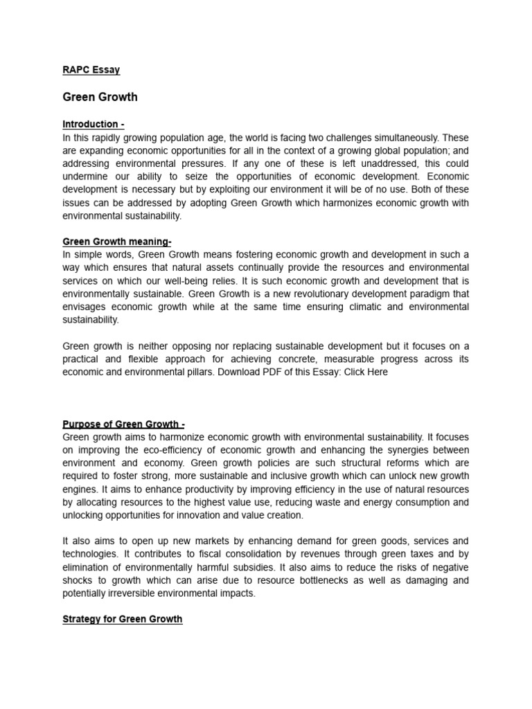 Essay - Green Growth | PDF | Green Growth | Sustainability