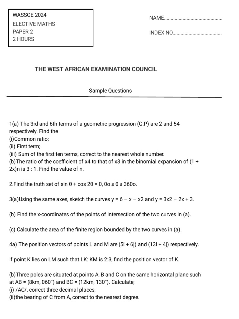 Elective Maths Final Wassce 2024 | PDF | Geometry | Mathematics