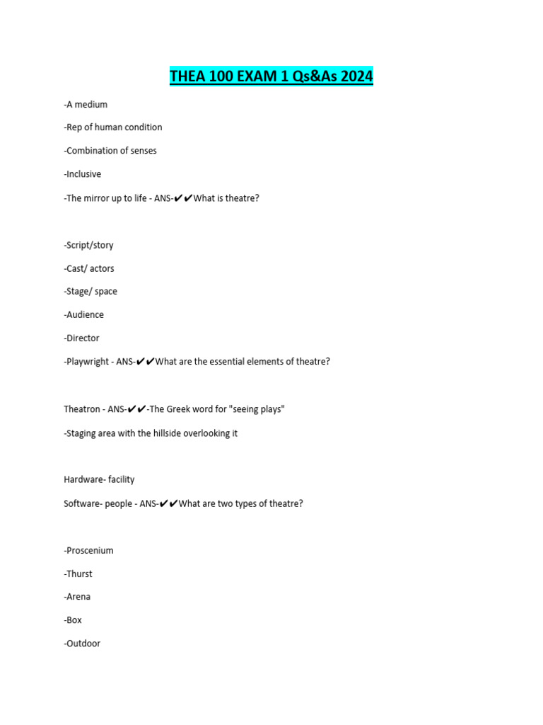 THEA 100 EXAM 1 Qs&As 2024 | PDF | Greek Tragedy | Play (Theatre)