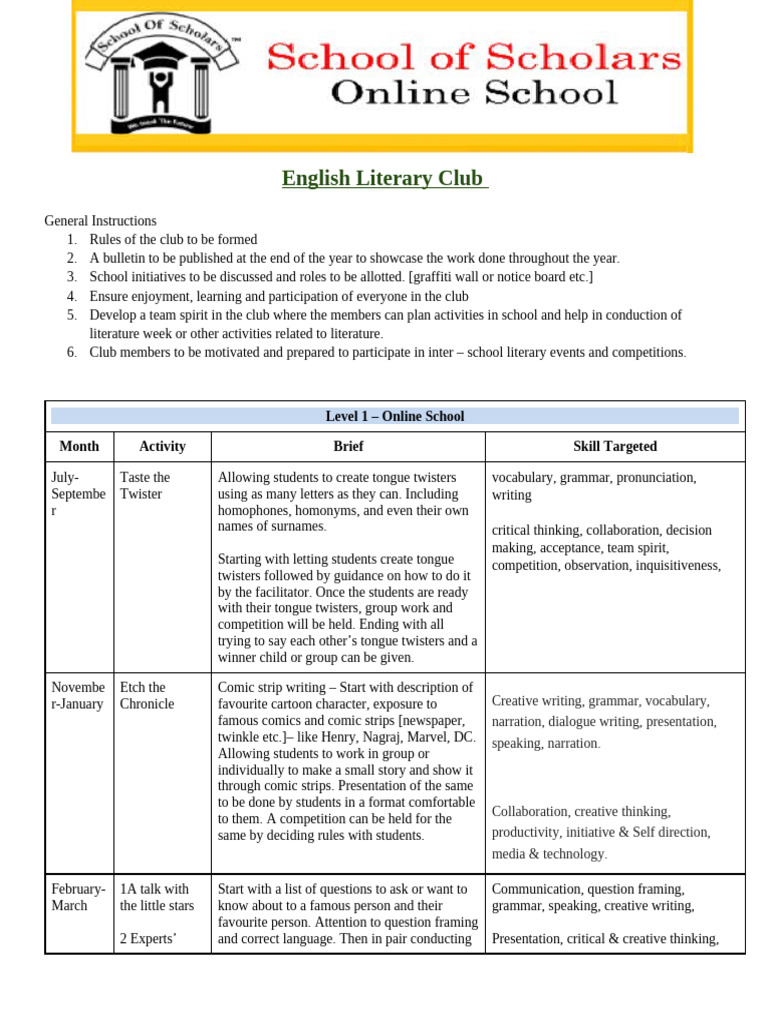 English Literary Club Level 1 LA | PDF | Cartoon | Questionnaire